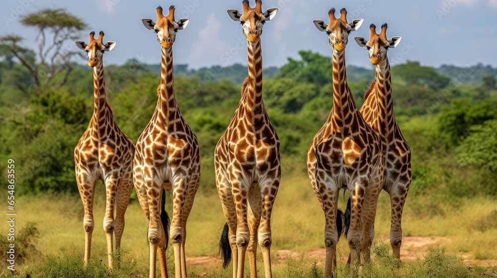 Four giraffes from the Rothschild subspecies standing in Murchison ...
