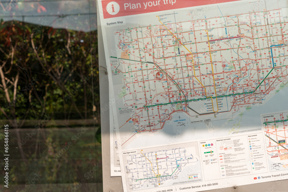 TTC route map (Toronto Transit Commission) protected behind plastic ...