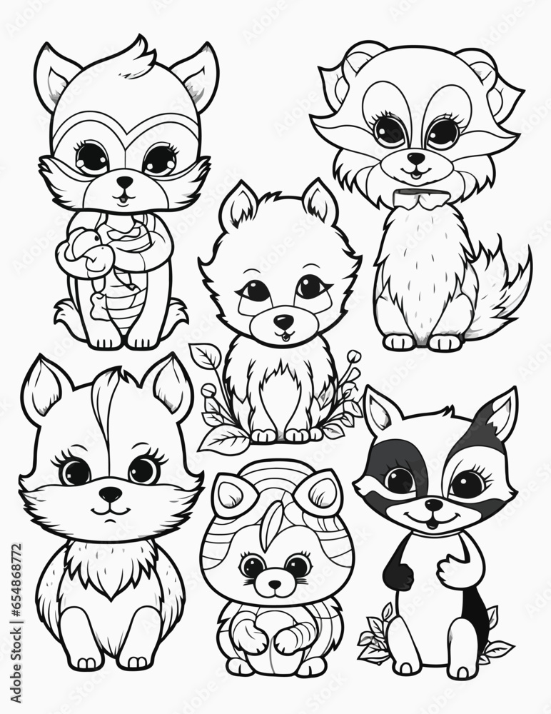 Cute kawaii animal coloring page for kids with nature, Vintage forest ...