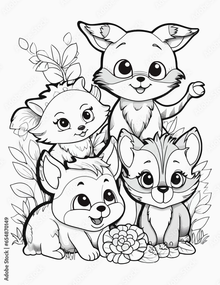 Cute kawaii animal coloring page for kids with nature, Vintage forest ...