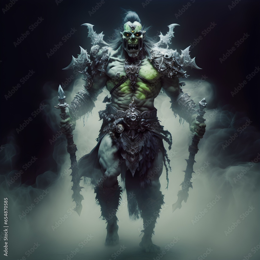 full body image of a ghostly Orc Warrier wielding Fel Magic Swords ...