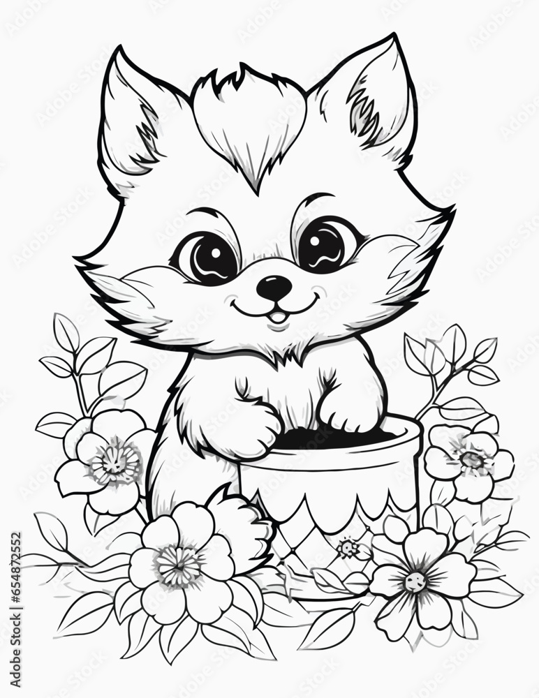 Cute kawaii animal coloring page for kids with nature, Vintage forest ...