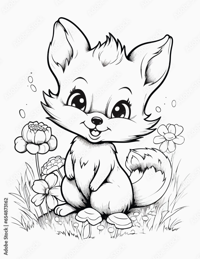 Cute kawaii animal coloring page for kids with nature, Vintage forest ...