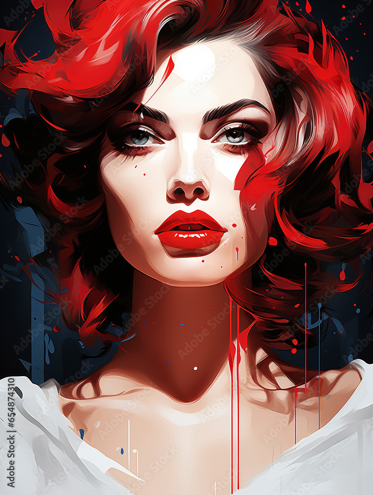 Woman with expressive eyes and vibrant red lips, pop art style ...