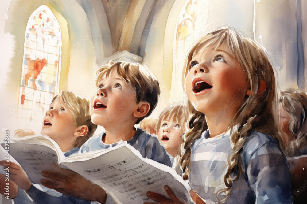 Watercolor illustration of a choir of children sing hymns to God in ...