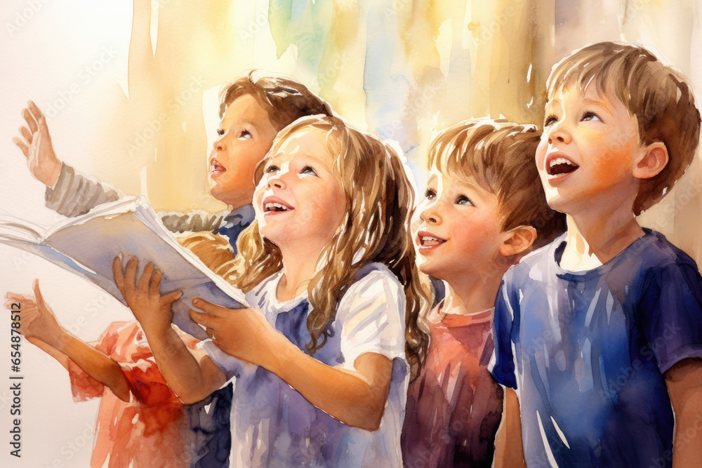 Watercolor illustration of a choir of children sing hymns to God in ...