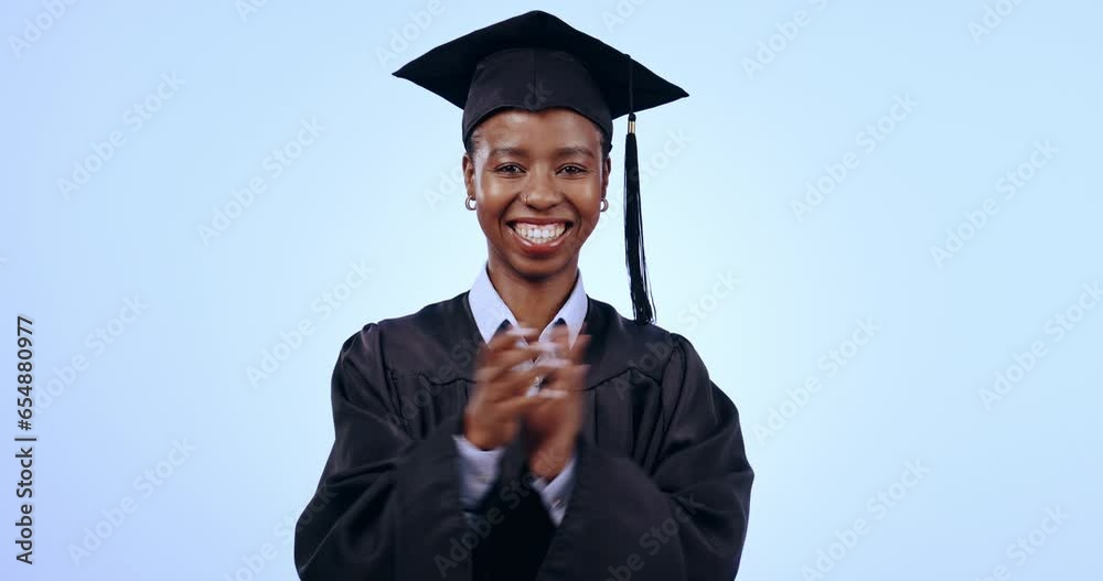 Happy black woman, graduation and applause in congratulations against a ...