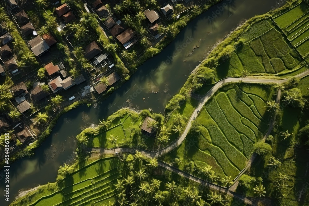 Aerial View of Lush Rice Terraces and Village Aerial perspective, rice ...