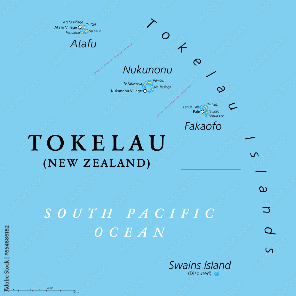 Tokelau, dependant territory of New Zealand, political map. Archipelago ...