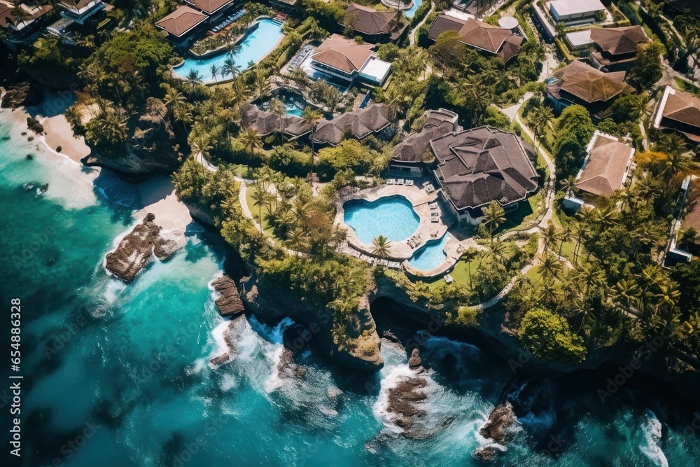 luxury resort aerial shot, exclusive tropical retreat, private beach resort drone view aerial ...