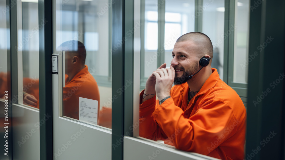Generative AI, arrested man in an orange suit talking on the phone in ...