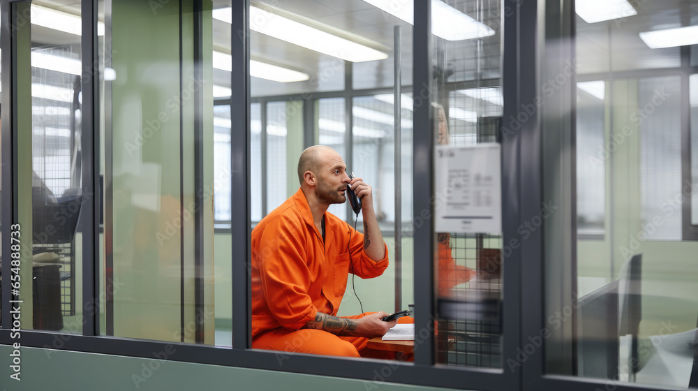 Generative AI, arrested man in an orange suit talking on the phone in ...