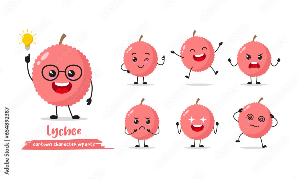 cute lychee cartoon with many expressions. fruit different activity ...