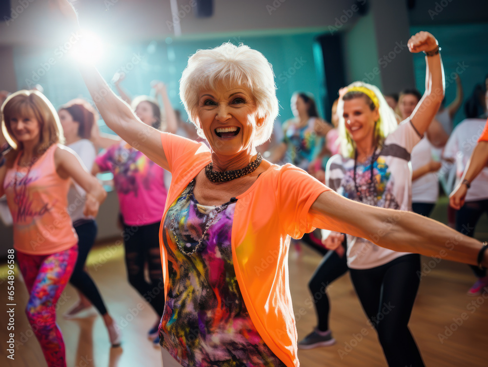 Older women enjoying fun zumba class, expressing their active lifestyle ...