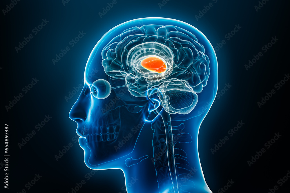 Xray lateral or profile view of the thalamus 3D rendering illustration with male body contours ...