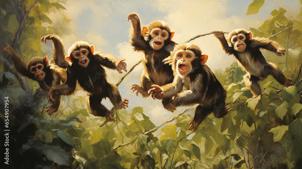 A troop of mischievous capuchin monkeys playing in the canopy, their ...