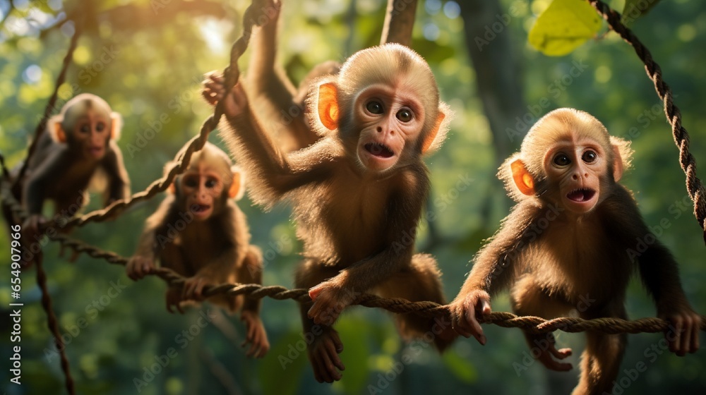 A troop of mischievous capuchin monkeys playing in the canopy, their ...