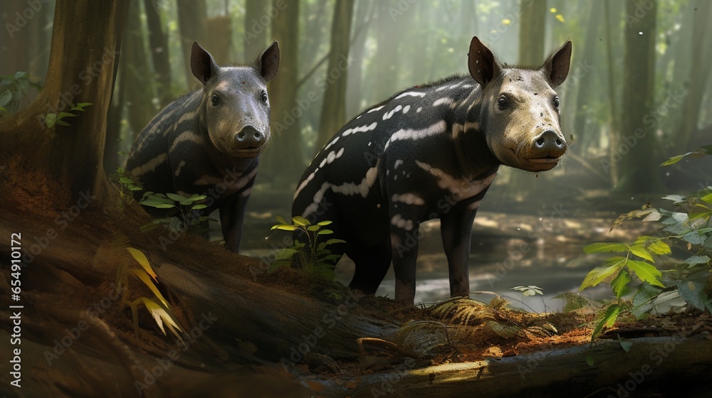 A pair of inquisitive tapirs foraging for food in the jungle ...