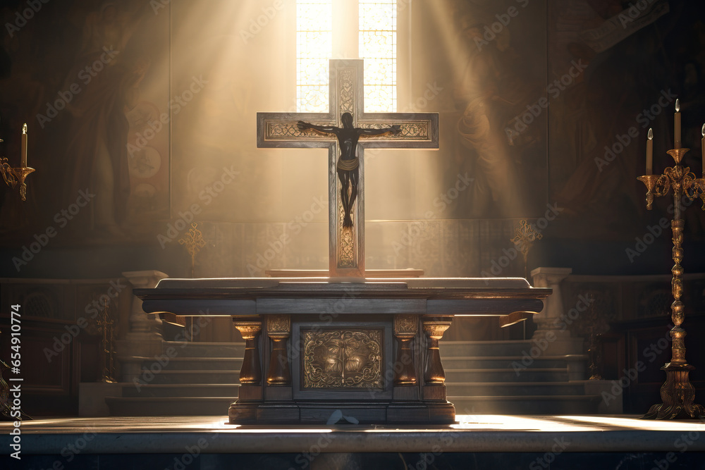 Divine Illumination: Catholic Cross on Altar Lit by Sunlight Stock ...