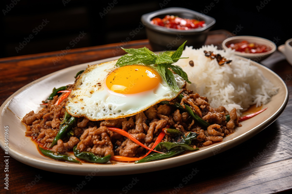 A traditional plate of moo pad krapow, stir-fried pork with basil and ...