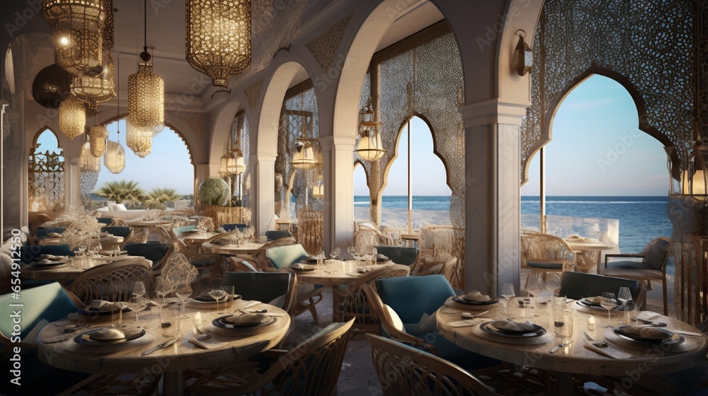 A lavish restaurant with a Mediterranean-inspired decor, offering ...