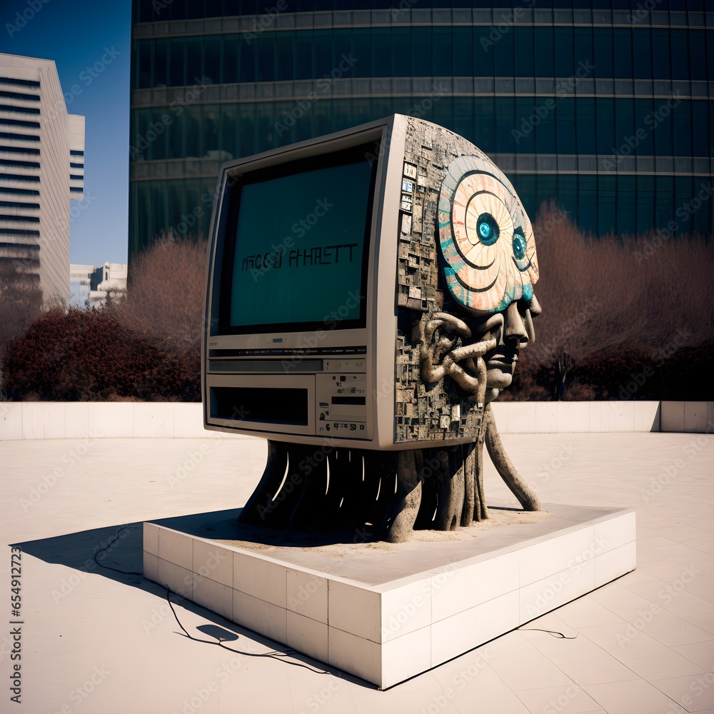 cyclopes covered with corporate logos graffiti and digital multimedia ...