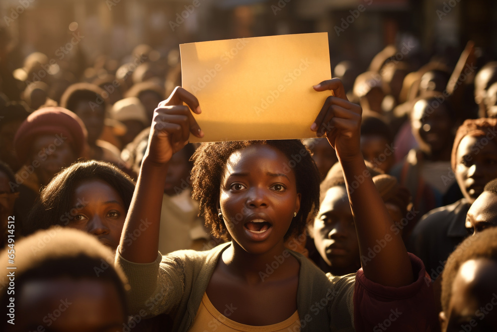 Young african woman activist hold empty blank sign protesting on street ...