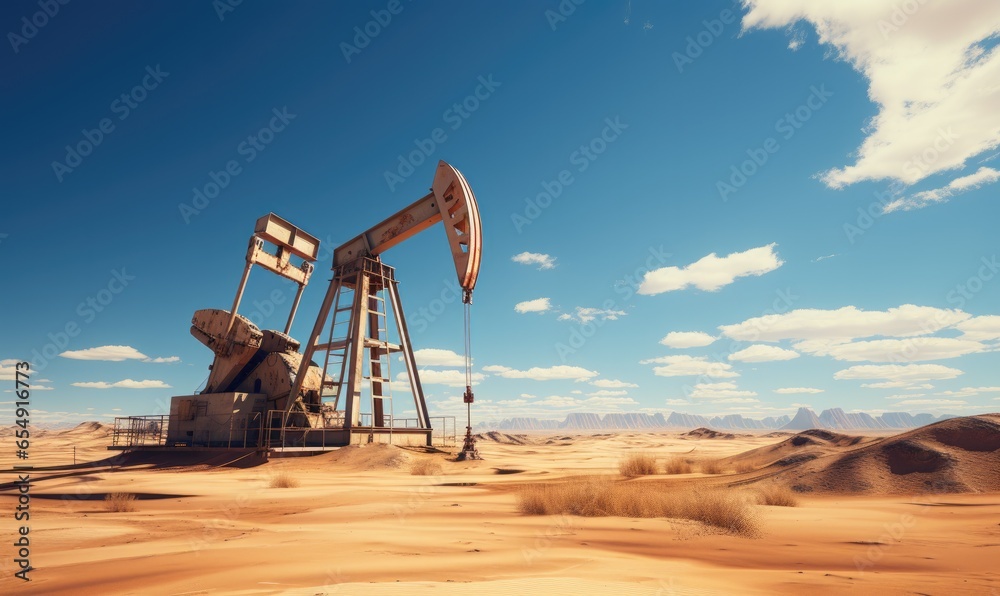 Old rusted crude oil pumpjack rig in desert. Oil drill rig and pump ...