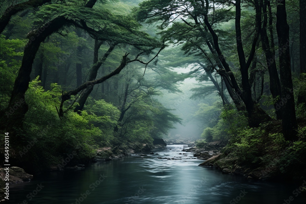 Venture into a surreal forest realm, where dense trees stand shrouded ...