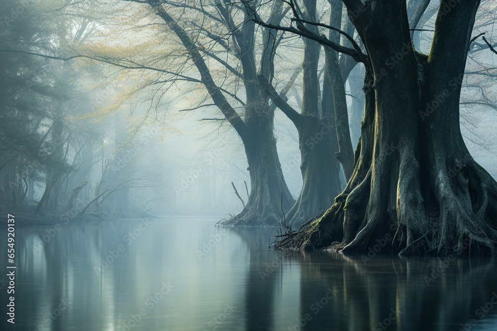 Venture into a surreal forest realm, where dense trees stand shrouded ...