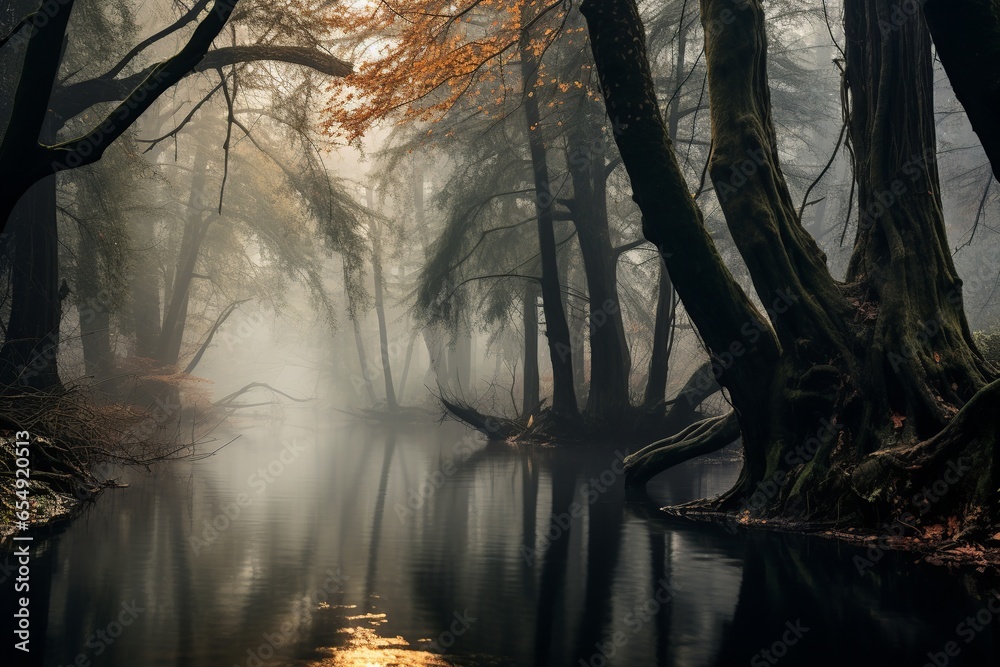 Venture into a surreal forest realm, where dense trees stand shrouded ...