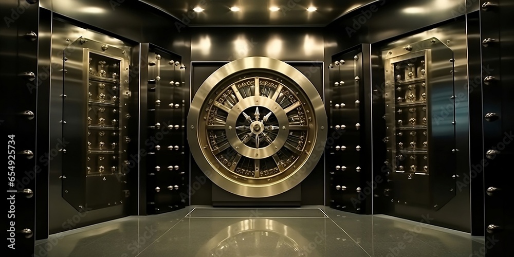 Bank vault door. Safe deposit boxes room in bank vault. Inside in Bank ...