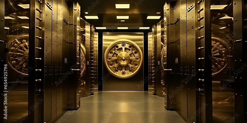Bank vault door. Safe deposit boxes room in bank vault. Inside in Bank ...