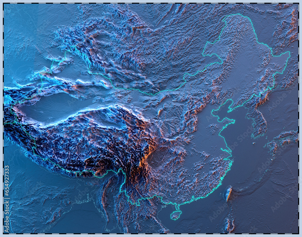 3D map of China with exaggerated topographic relief and borders ...