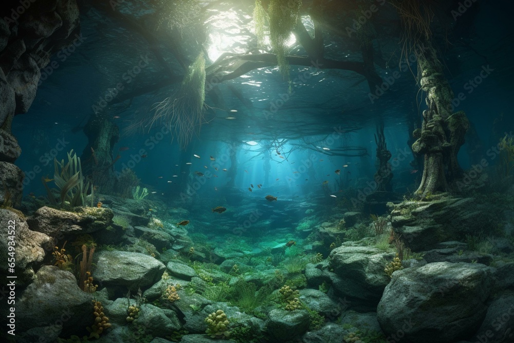 An epic composition of a hidden mermaid lagoon with ultra-wide angle ...