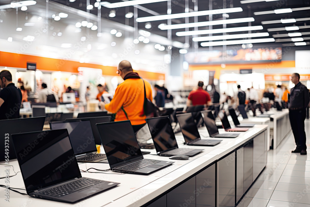Modern technology store with people shopping for laptops, gadgets, and ...