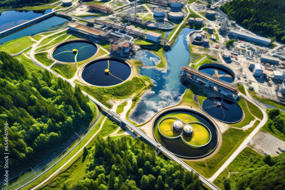 A wastewater treatment plant seen from above, showing the various tanks ...