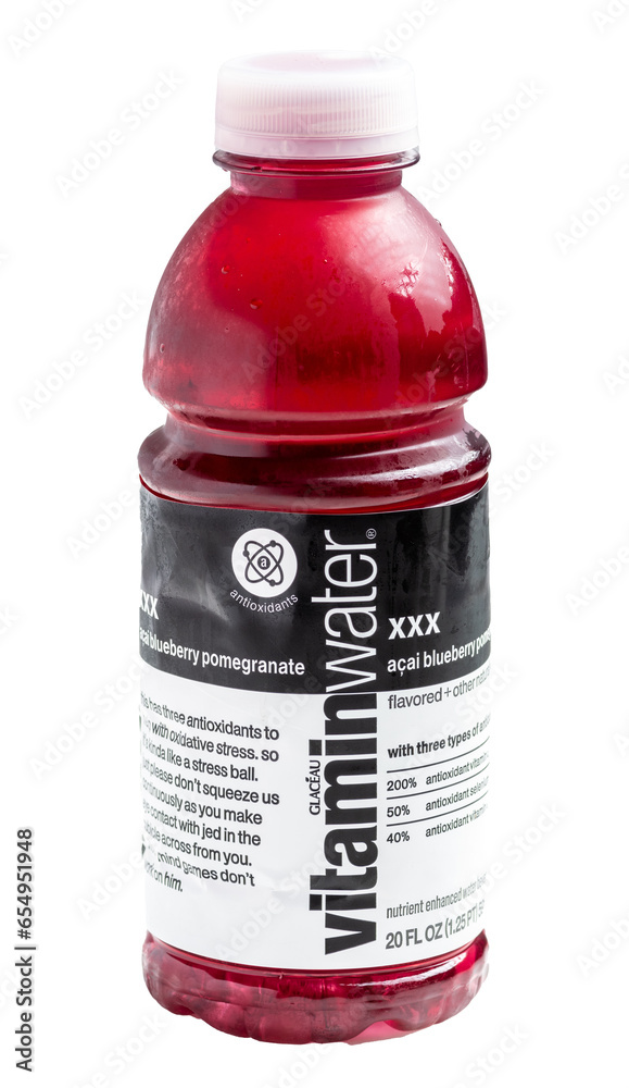 Bottle of Vitaminwater brand açaí blueberry pomegranate flavored ...