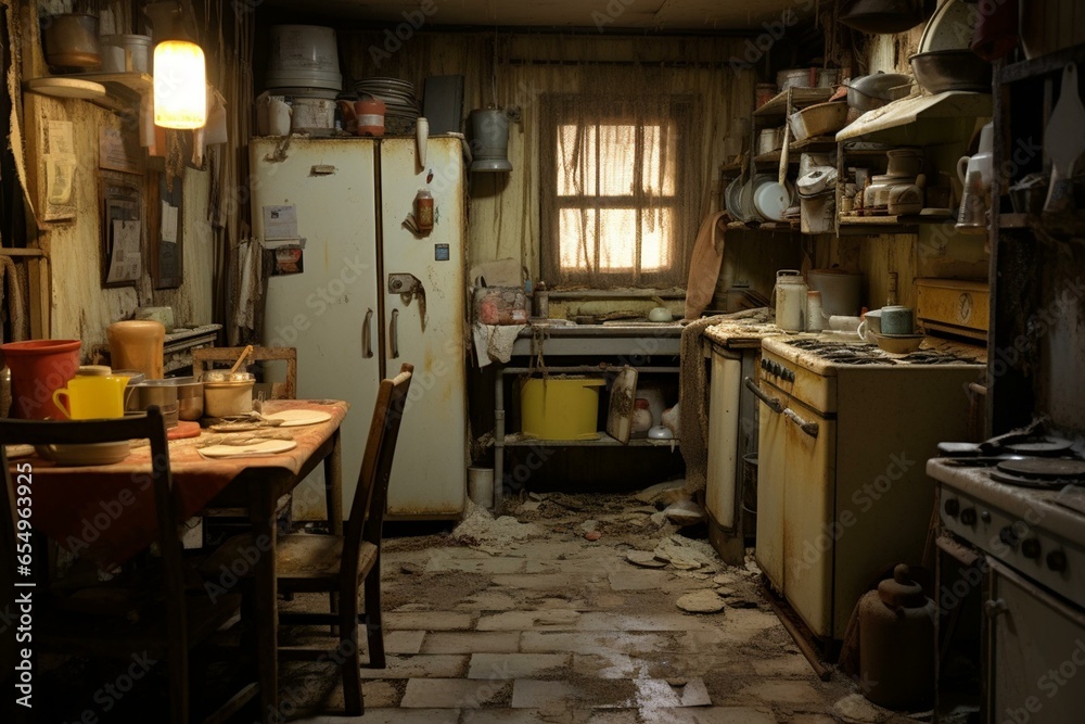 Unsanitary kitchen filled with greasy walls and utensils, evoking ...