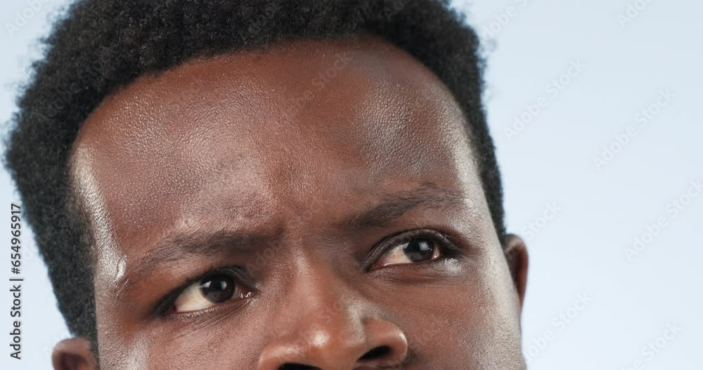Closeup, thinking and black man with doubt, confused and planning on a ...