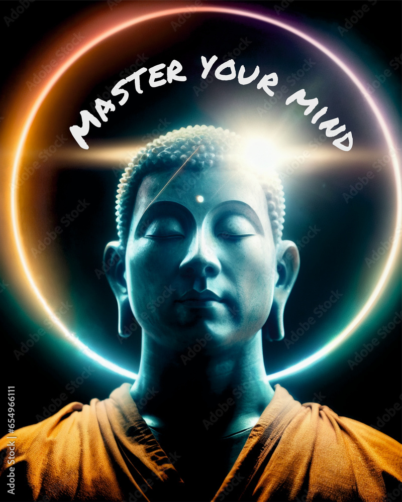 Monje iluminado, ojos cerrado, estado de meditación, aura, frase Master ...