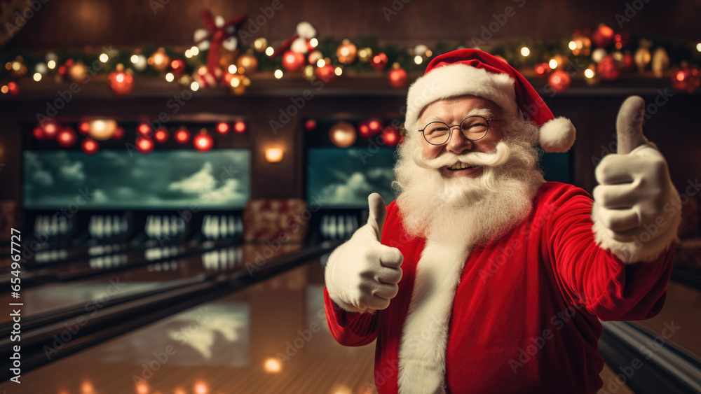 Santa Claus giving thumbs up in Bowling on Christmas poster - FIctional ...