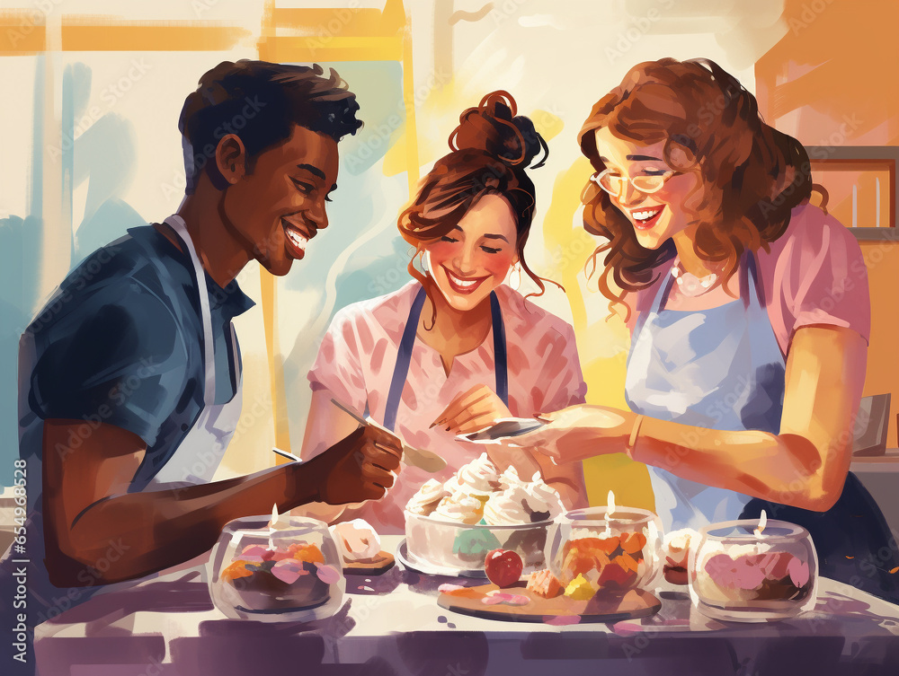 An Illustration of a Group of Friends Trying Out New Dessert Recipes ...