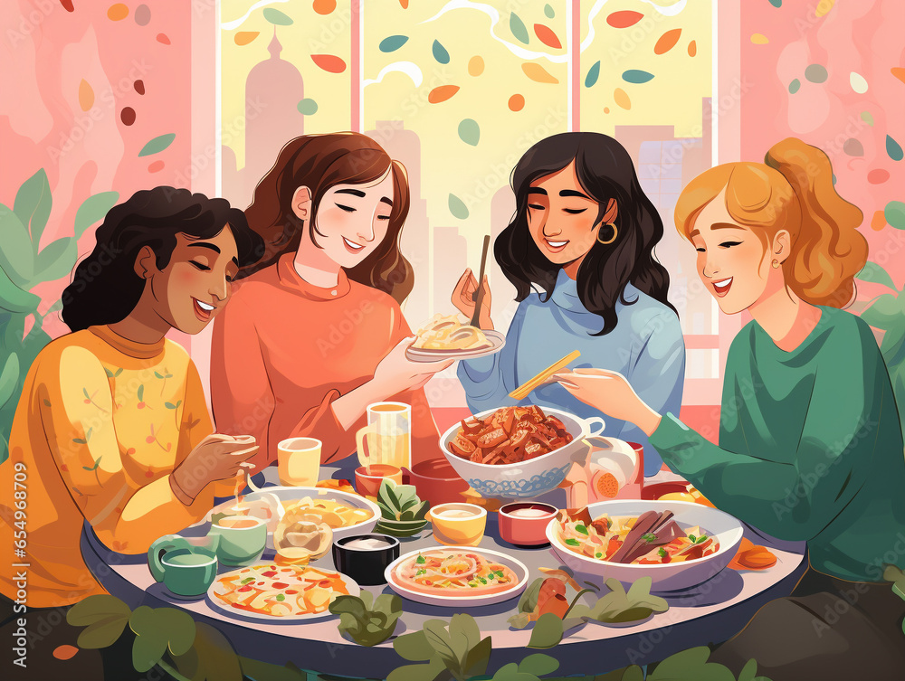 An Illustration of Friends Holding a Potluck Where Each Brings a Dish ...