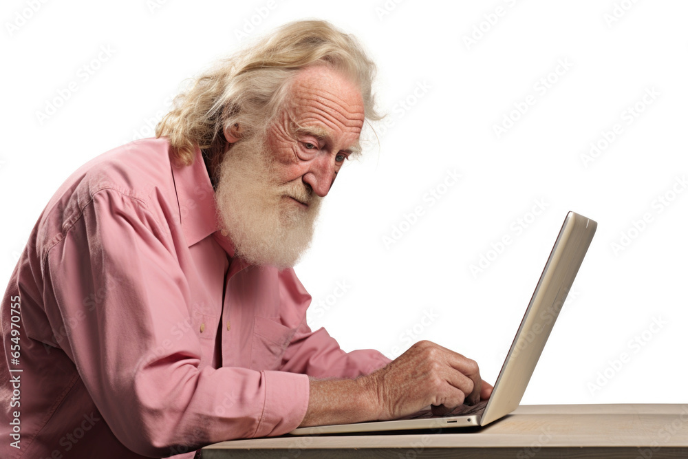 A picture of a man with a long white beard using a laptop. This image ...