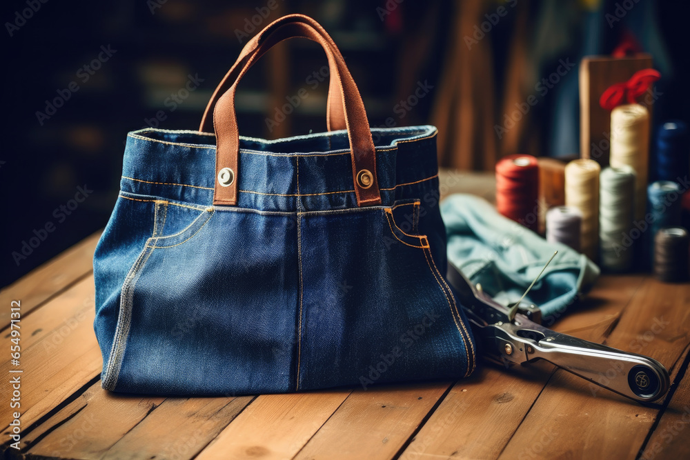 Handbag made from old jeans on dressmaker table. DIY, denim upcycling ...