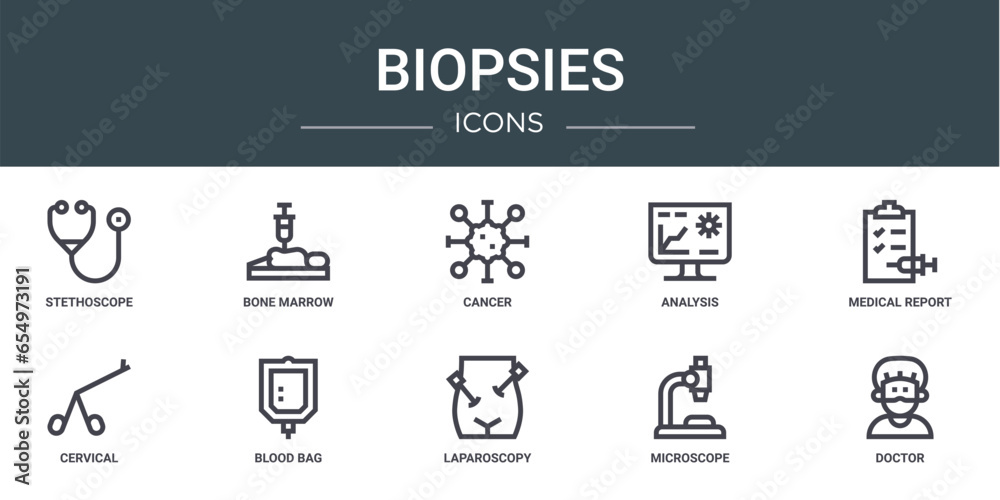 set of 10 outline web biopsies icons such as stethoscope, bone marrow ...