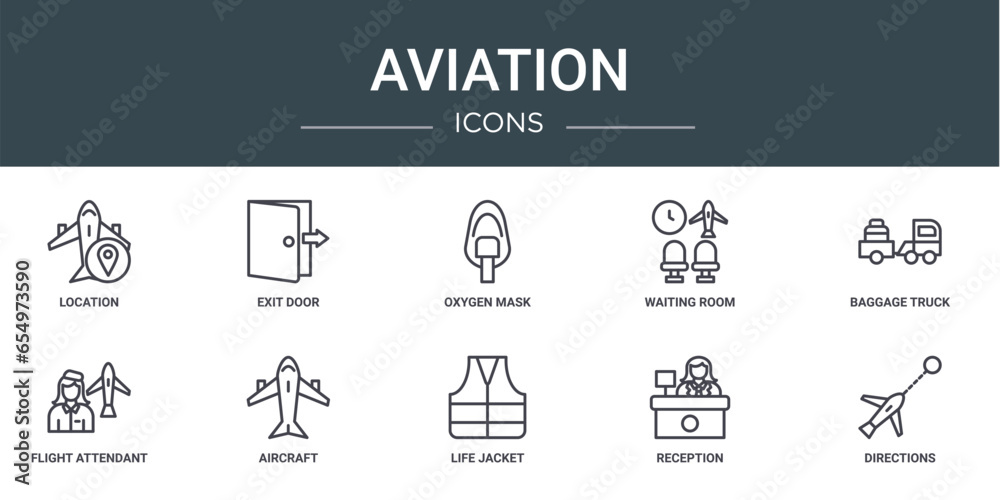 set of 10 outline web aviation icons such as location, exit door ...