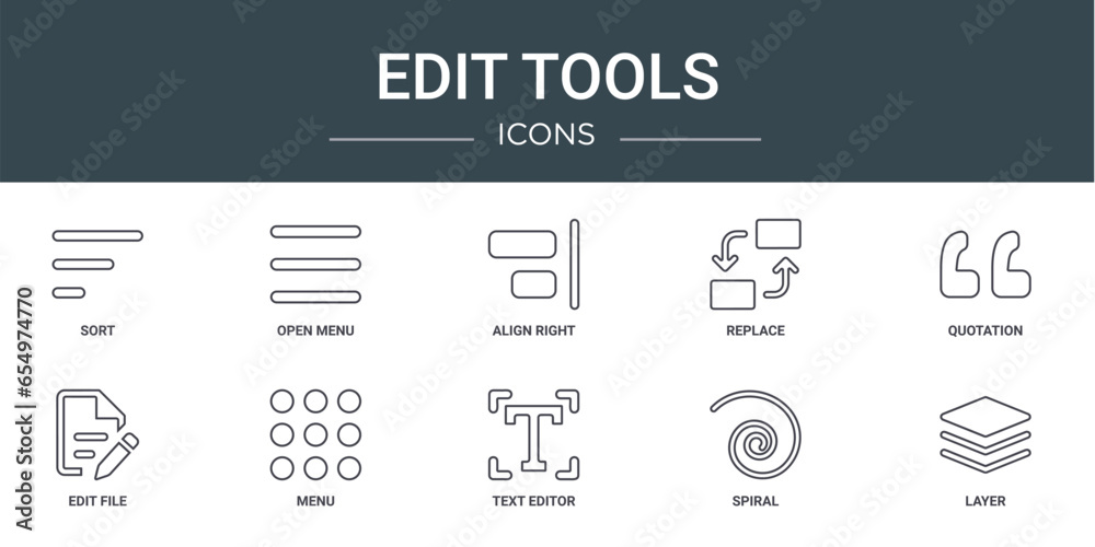 set of 10 outline web edit tools icons such as sort, open menu, align right, replace, quotation ...