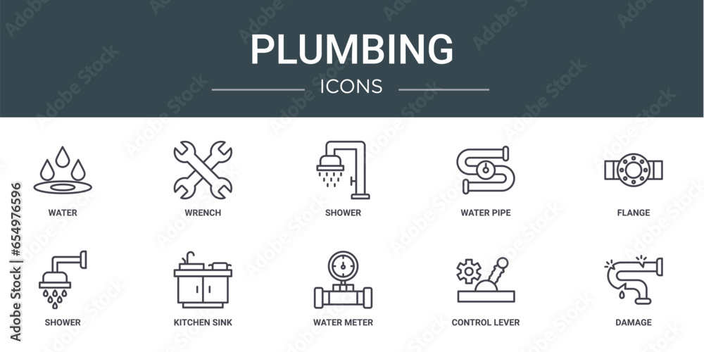 set of 10 outline web plumbing icons such as water, wrench, shower ...